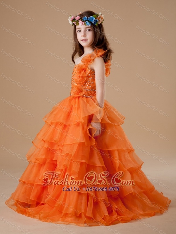 A Line Orange Beautiful Beading One Shoulder Organza Flower Girl Dress